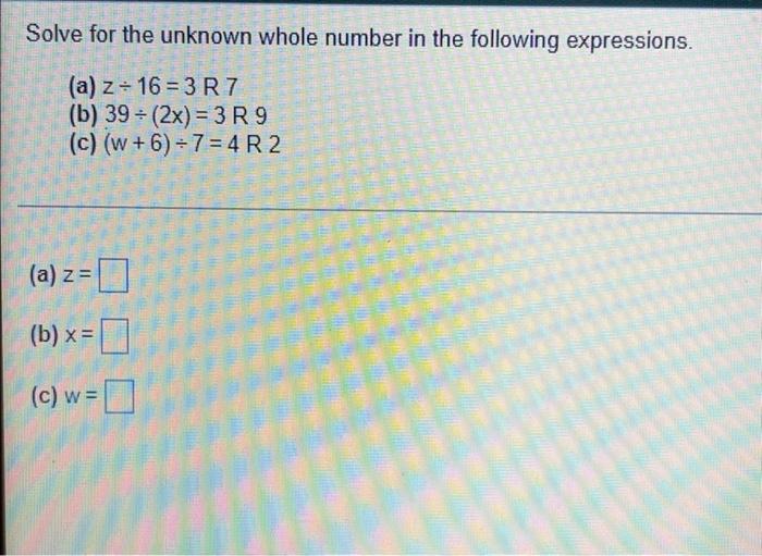 Solved Solve for the unknown whole number in the following | Chegg.com