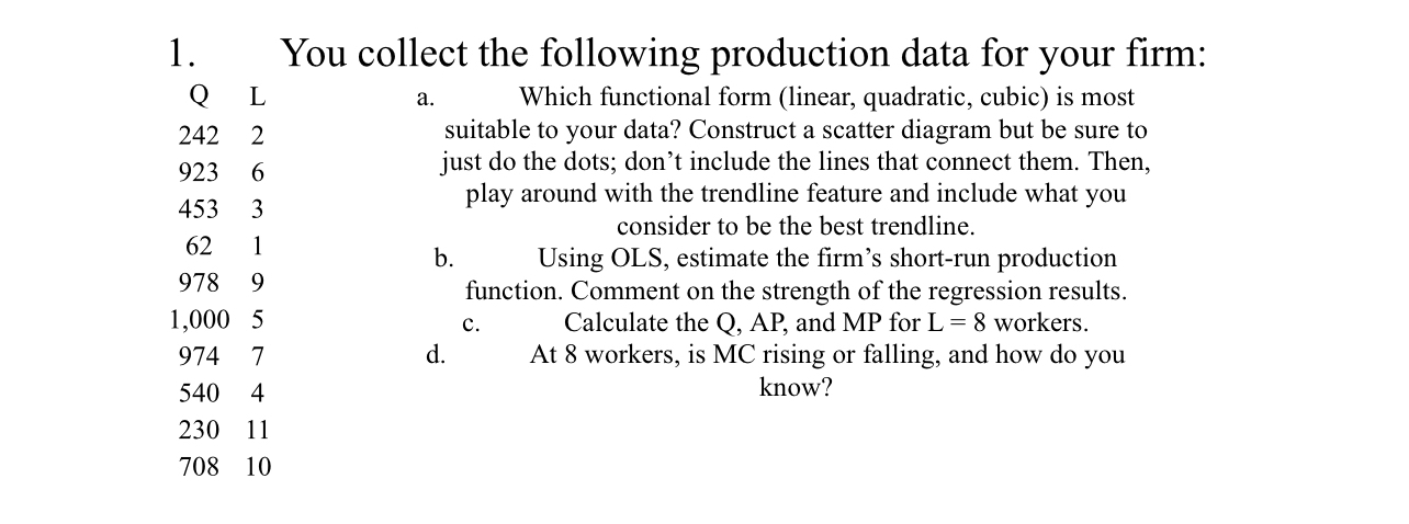 Solved You collect the following production data for your | Chegg.com