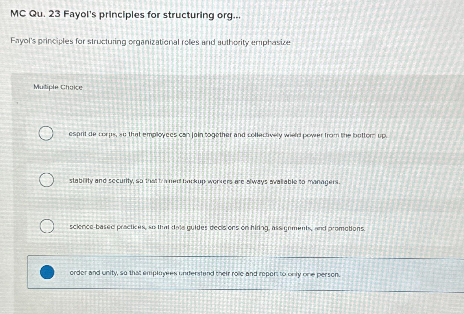 Solved MC Qu. 23 ﻿Fayol's principles for structuring | Chegg.com