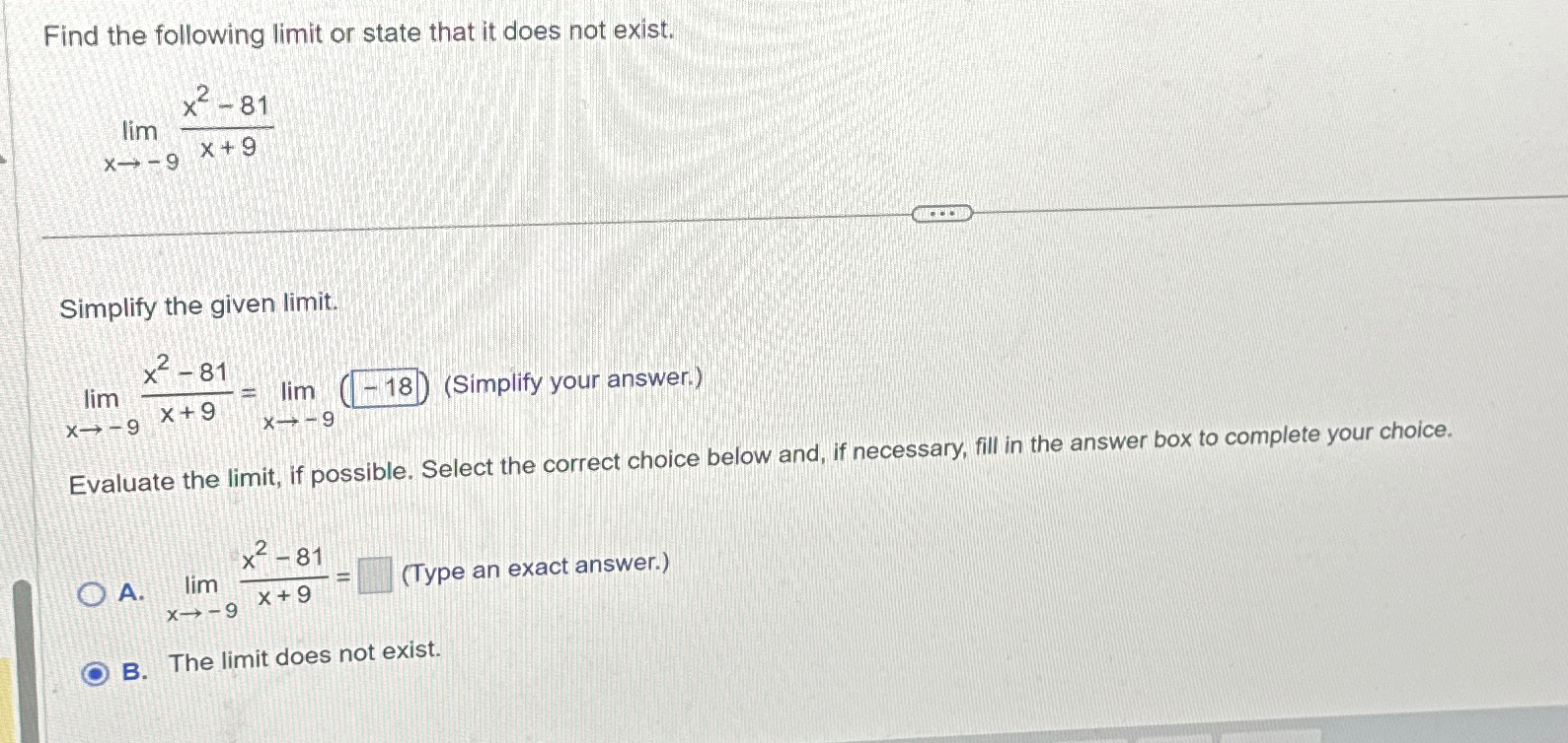 Solved Find the following limit or state that it does not | Chegg.com