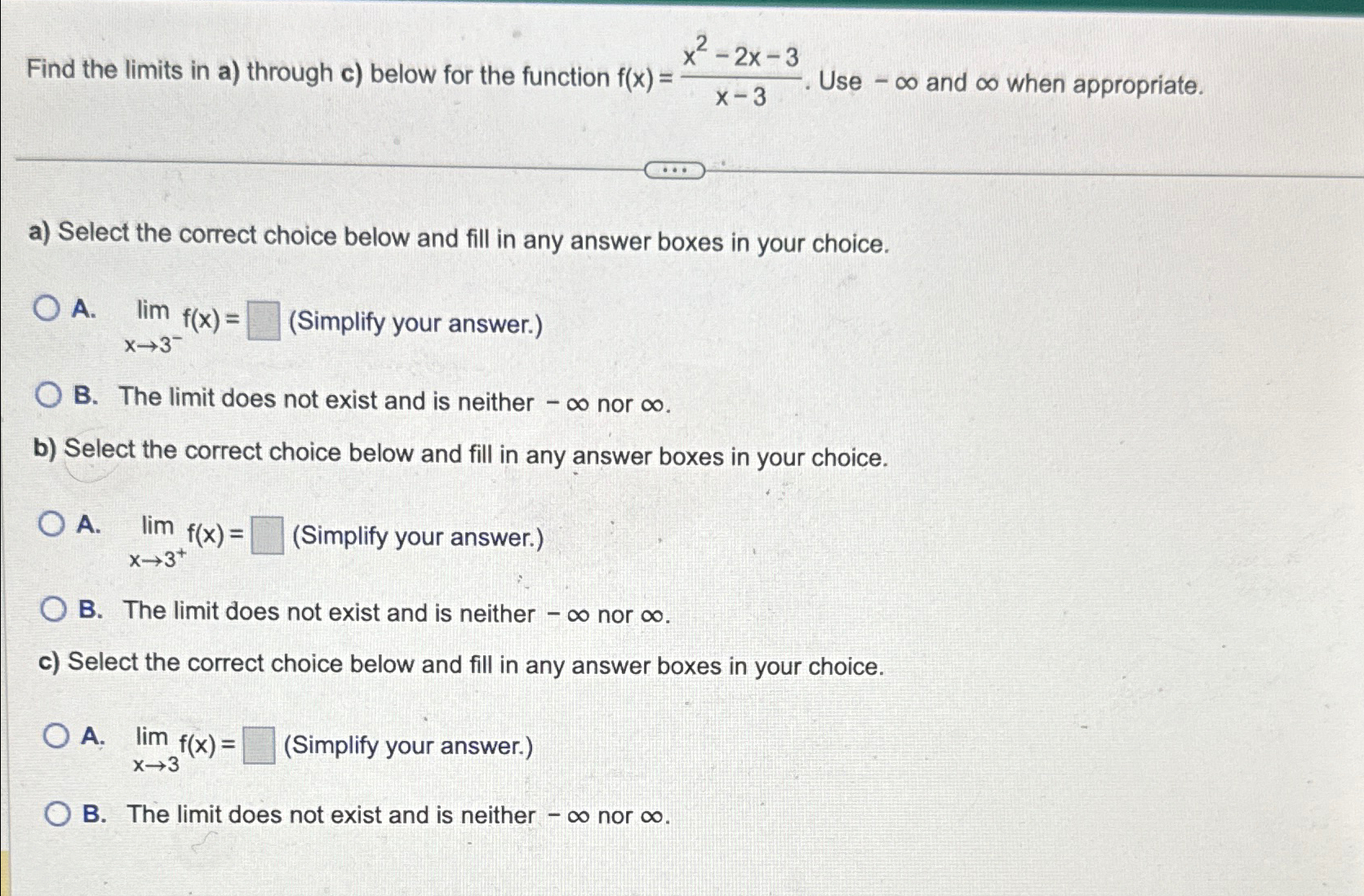Solved Find the limits in a) ﻿through c ) ﻿below for the | Chegg.com