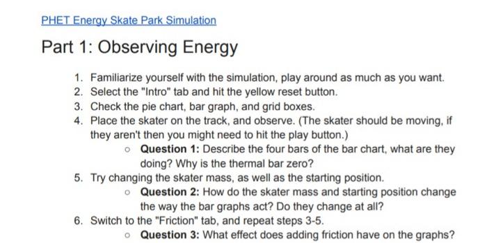 Solved PHET Energy Skate Park Simulation Part 1: Observing | Chegg.com