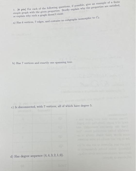 Solved 1. [8 pts] For each of the following questions, if | Chegg.com
