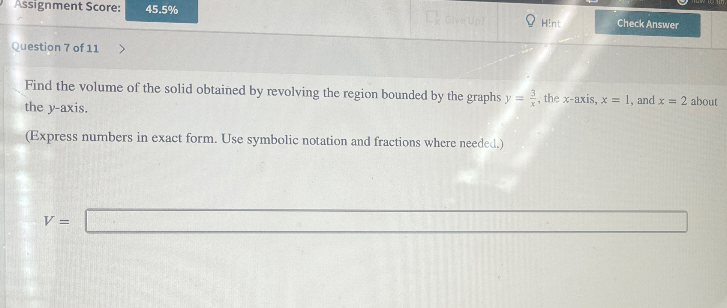 Solved Assignment Score:Question 7 ﻿of 11Find the volume of | Chegg.com