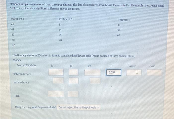 Solved Random samples were selected from three populations. | Chegg.com