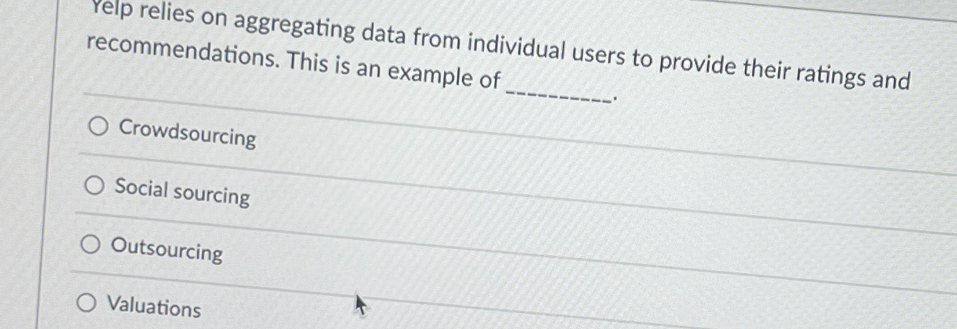 Solved Yelp relies on aggregating data from individual users | Chegg.com