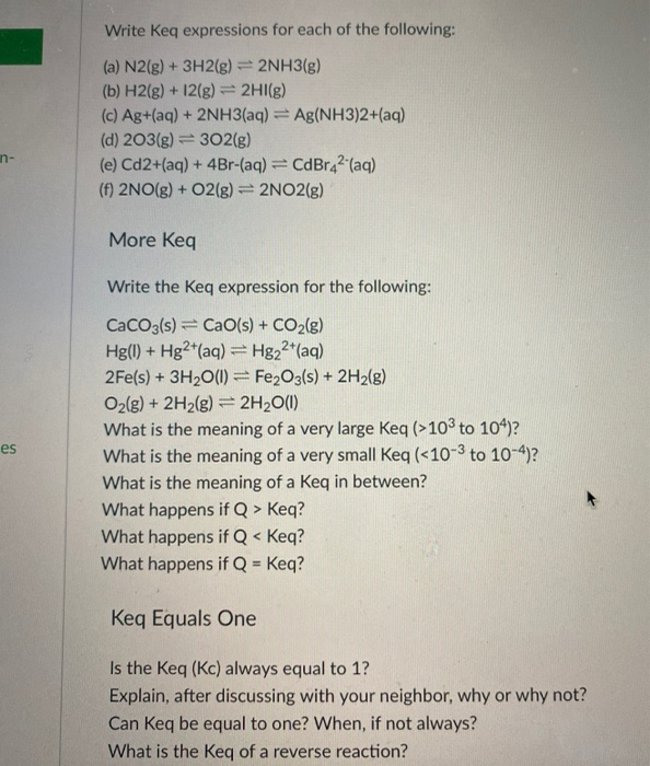 Solved Write Keq expressions for each of the following: (a) | Chegg.com