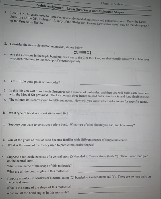Solved Chem 10, Section: Prelab Assignment: Lewis Structures | Chegg.com