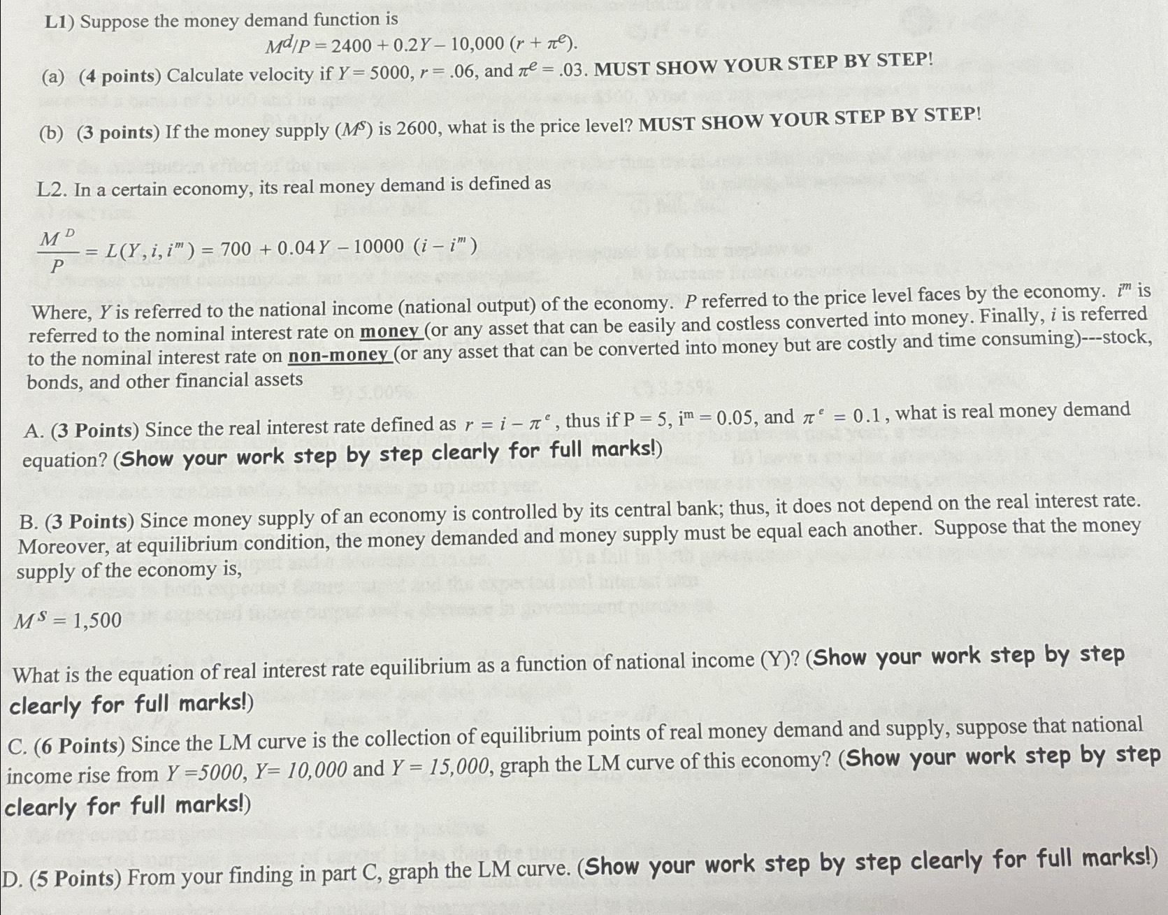 Solved L1) ﻿Suppose the money demand function | Chegg.com