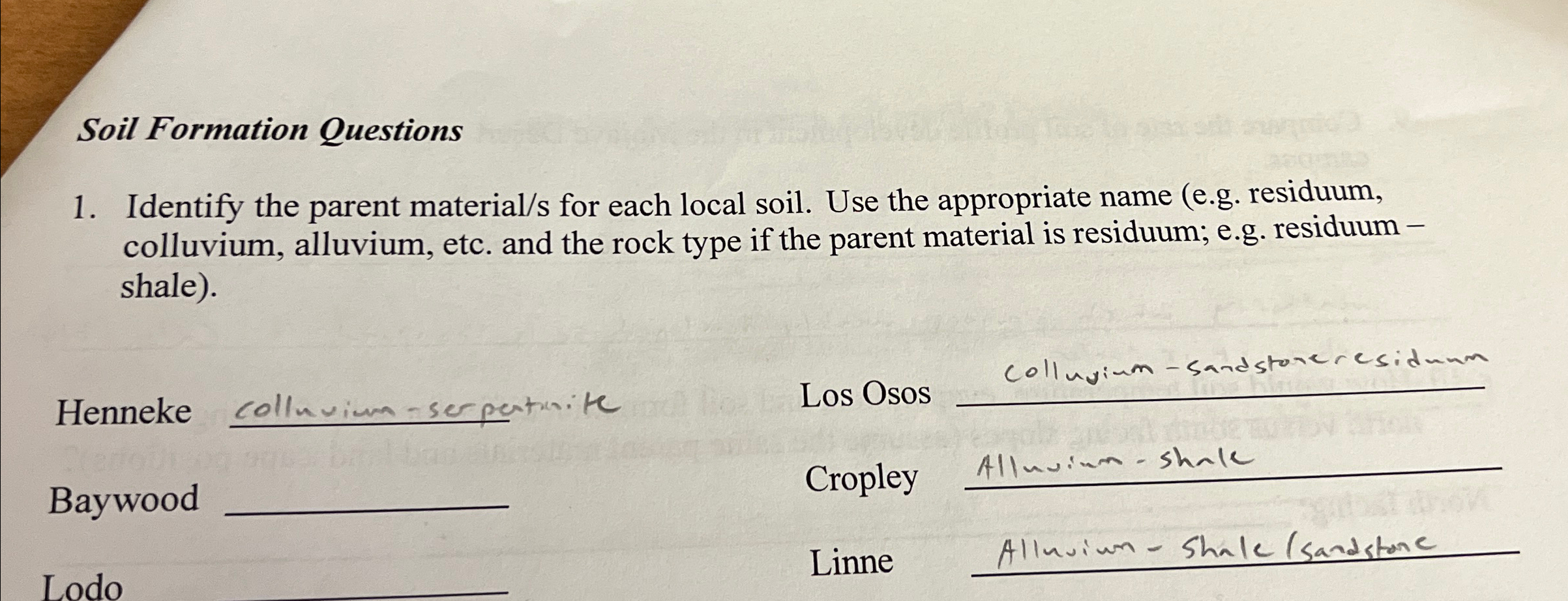 Solved Soil Formation QuestionsIdentify the parent | Chegg.com