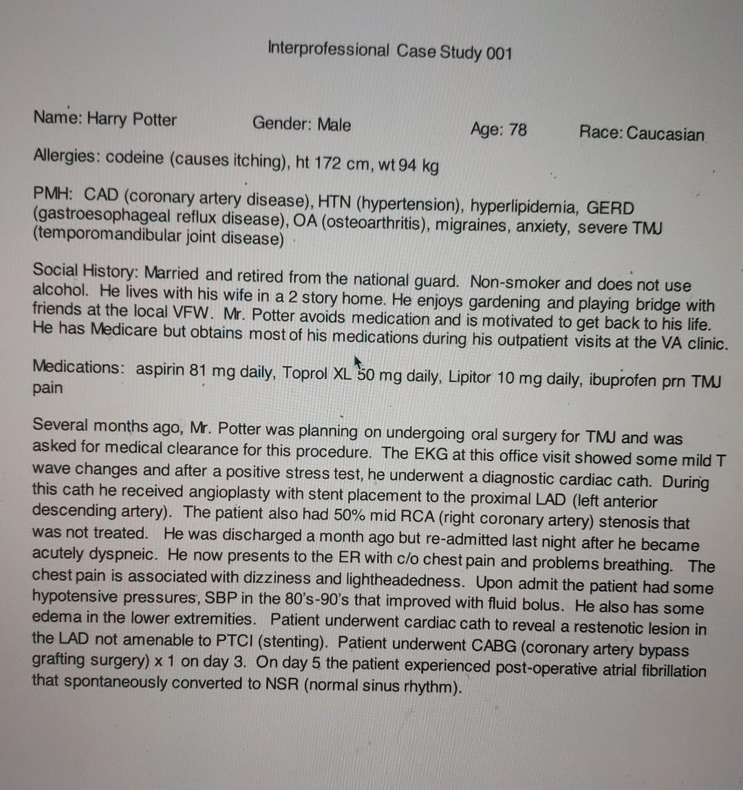 Solved Interprofessional Case Study 001 Name: Harry Potter | Chegg.com