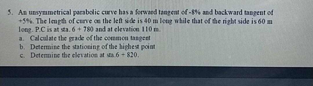 Solved 5. An unsymmetrical parabolic curve has a forward | Chegg.com