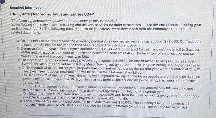 Solved P4-3 (Static) Recording Adjusting Entries LO4-1 [The | Chegg.com