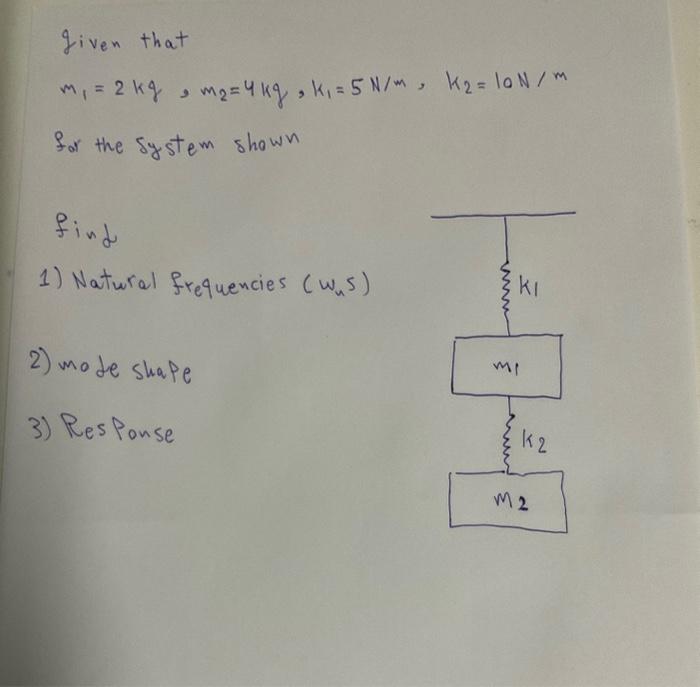 Solved m1=2 kg,m2=4 kg,k1=5 N/m,k2=10 N/m | Chegg.com
