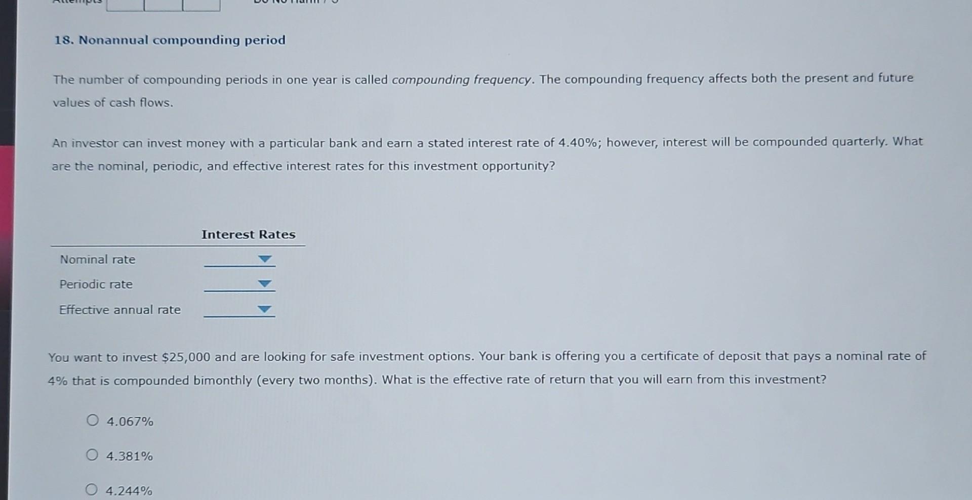 Solved 18. Nonannual compounding period The number of | Chegg.com