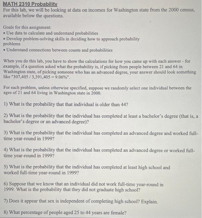 MATH 2310 Probability For this lab, we will be | Chegg.com