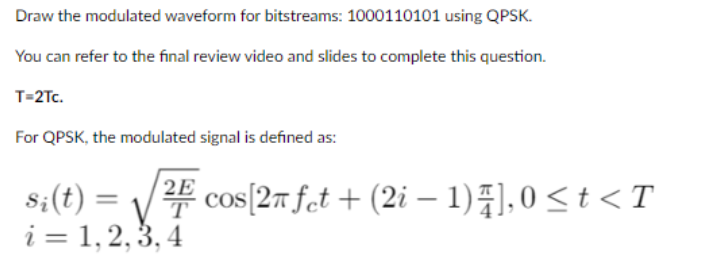 Solved Draw the modulated waveform for bitstreams: | Chegg.com