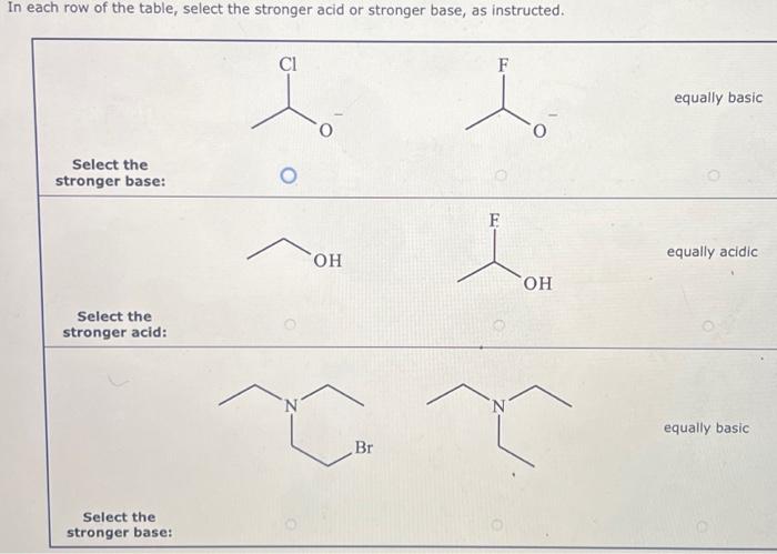 Solved In each row of the table, select the stronger acid or | Chegg.com