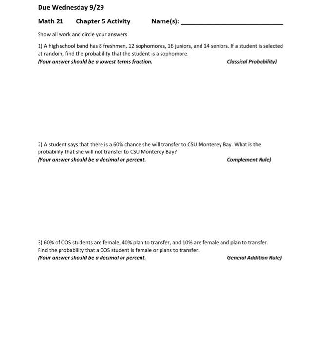 Solved Due Wednesday 9/29 Math 21 Chapter 5 Activity | Chegg.com