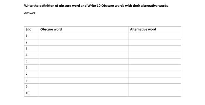 Solved Write the definition of obscure word and Write 10 | Chegg.com