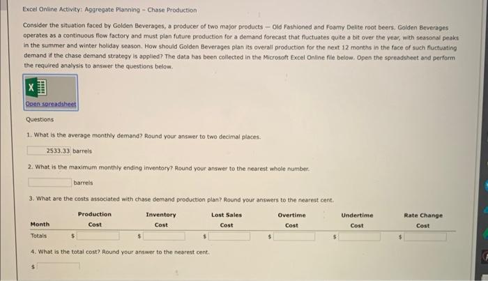 Excel Online Activity: Aggregate Planning - Chase | Chegg.com