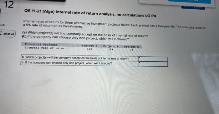 Solved QS 11-21 (Algo) Internal rate of return analysis, no | Chegg.com
