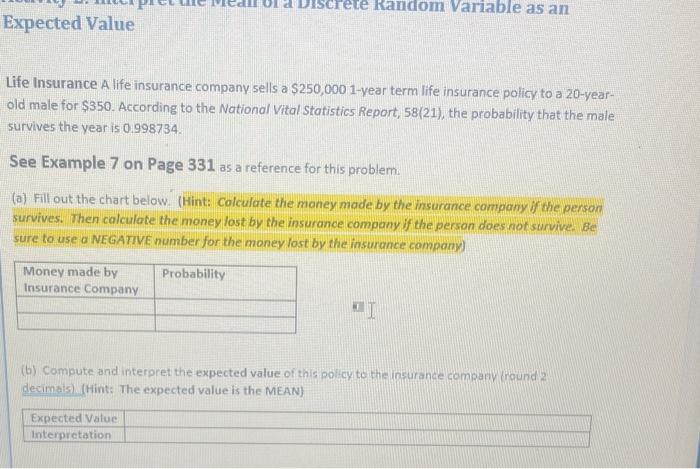 Solved Expected Value Life Insurance A life insurance | Chegg.com