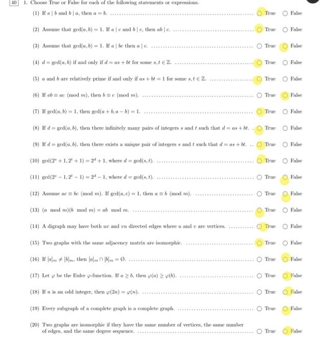 Choose True or False for each of the following | Chegg.com