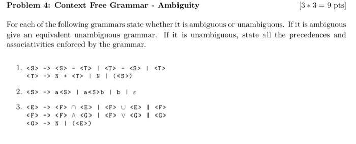 Solved Problem 4: Context Free Grammar - Ambiguity | Chegg.com