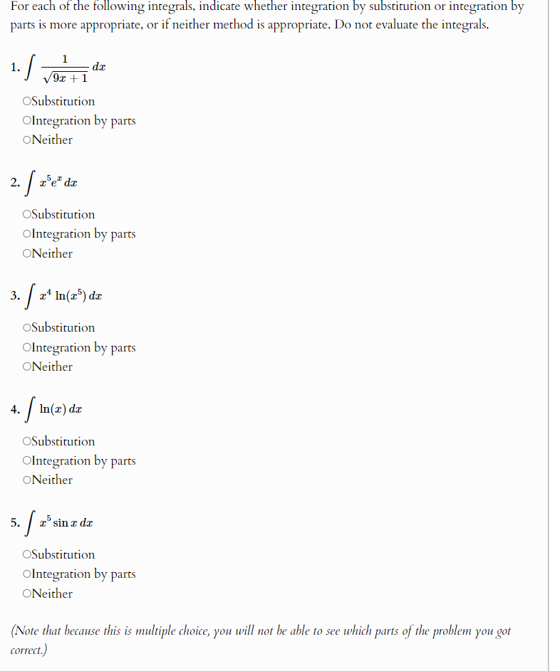 Solved For each of the following integrals, indicate whether | Chegg.com
