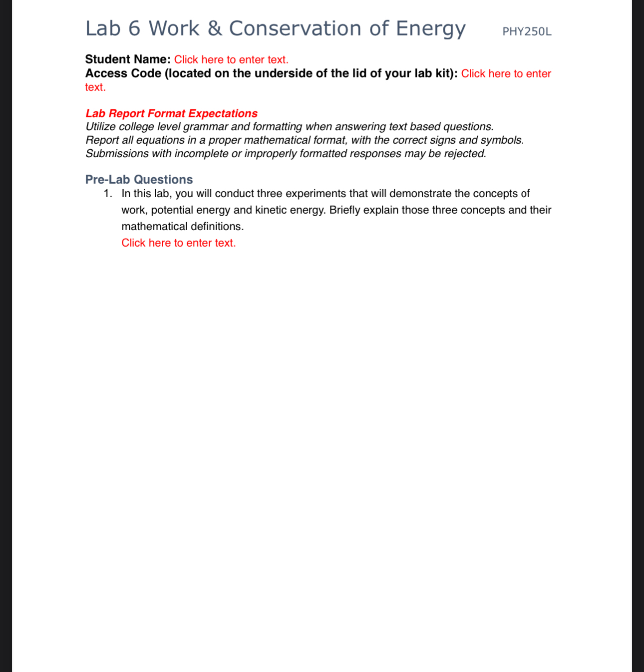 Solved Lab 6 ﻿Work & Conservation of EnergyPHY250LStudent | Chegg.com