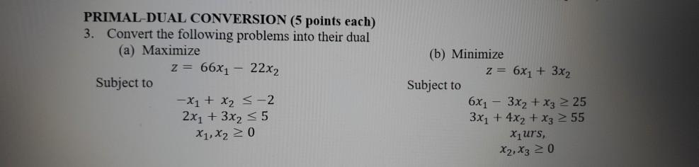 Solved PRIMAL-DUAL CONVERSION (5 points each) 3. Convert the | Chegg.com