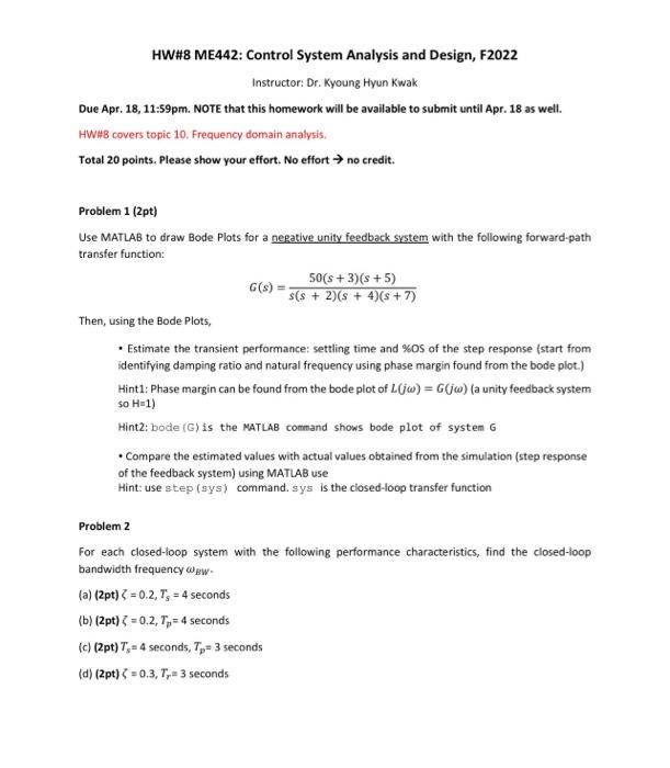 HW\#8 ME442: Control System Analysis and Design, | Chegg.com
