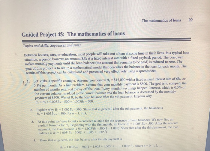 Solved The mathematics of loans 99 Guided Project 45: The | Chegg.com