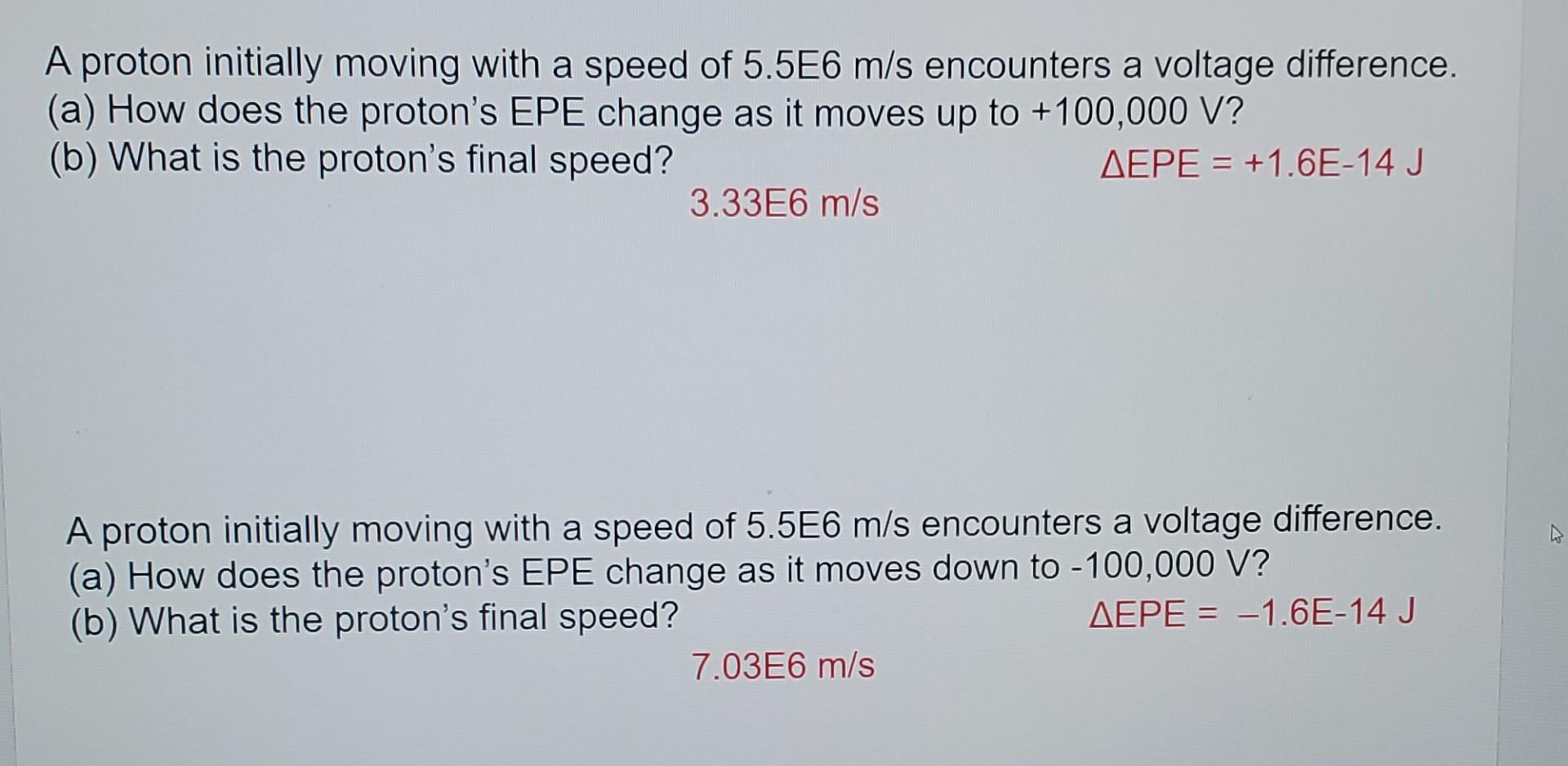 Solved A proton initially moving with a speed of 5.5E6 m/s | Chegg.com