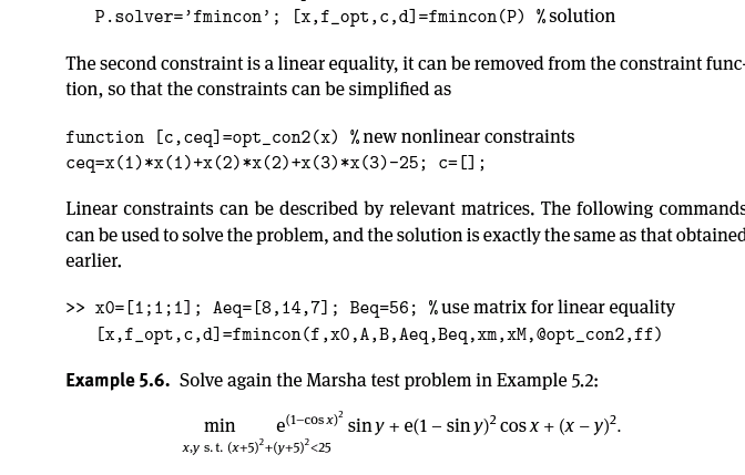 Solved P.solver='fmincon'; [x, f_opt, c, d] =fmincon (P) % | Chegg.com