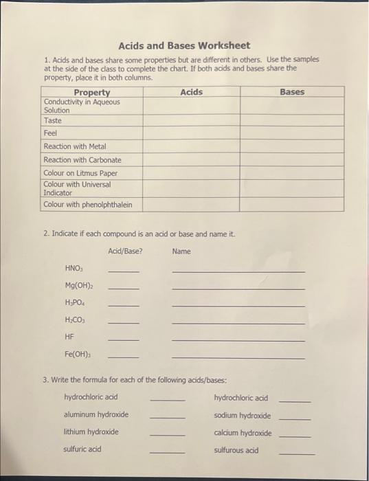 Solved Acids and Bases Worksheet 1. Acids and bases share | Chegg.com