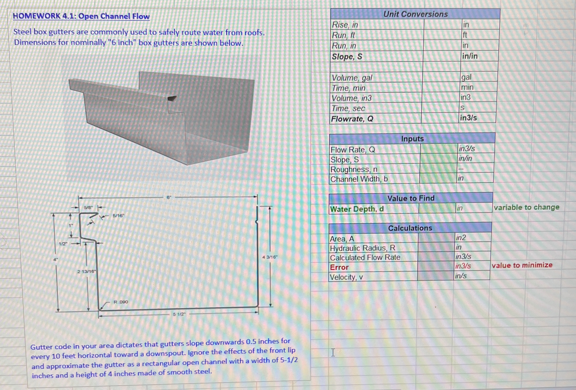 HOMEWORK 4.1: Open Channel FlowSteel box gutters are | Chegg.com