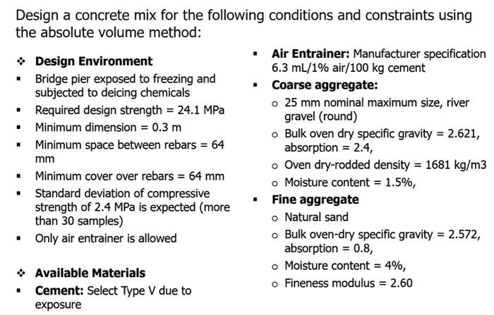 Solved . Design a concrete mix for the following conditions | Chegg.com