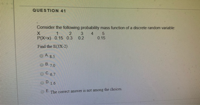 Solved QUESTION 39 Consider the following probability mass | Chegg.com