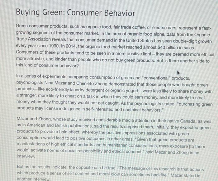 Buying Green: Consumer Behavior Green consumer | Chegg.com