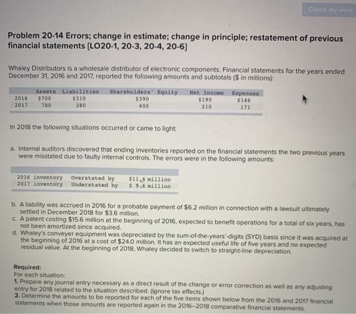 Solved Problem 20-14 Errors; change in estimate; change in | Chegg.com