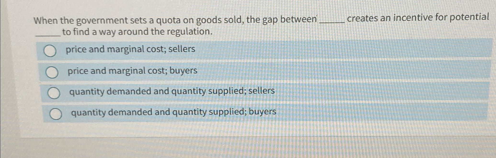 Solved When the government sets a quota on goods sold, the | Chegg.com