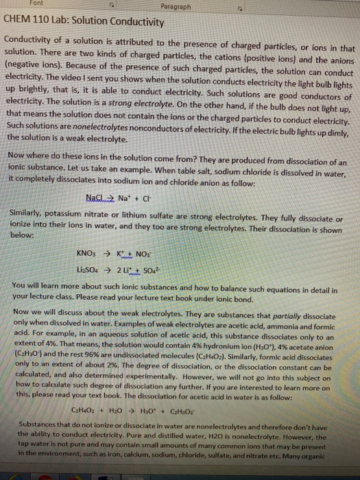 Solved CHEM 110 Lab: Solution Conductivity Conductivity of a | Chegg.com