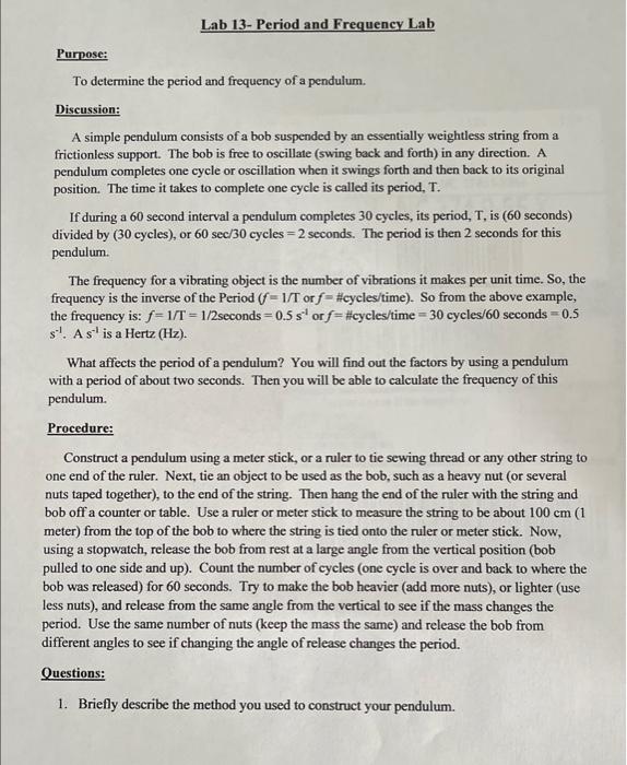 Solved Lab 13- Period and Frequency Lab Purpose: To | Chegg.com