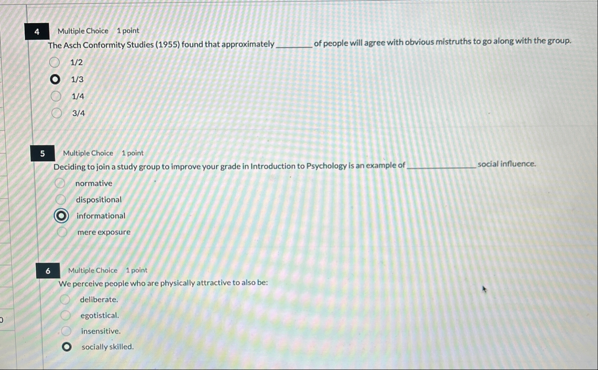 Solved 4Multiple Choice1 ﻿pointThe Asch Conformity Studies | Chegg.com