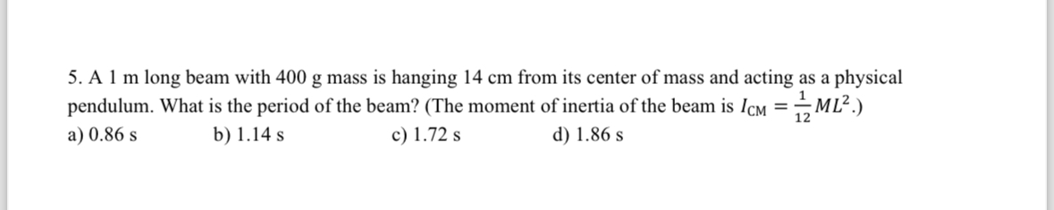 Solved A 1m ﻿long beam with 400g ﻿mass is hanging 14cm ﻿from | Chegg.com