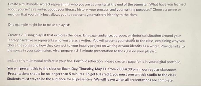 Create a multimodal artifact representing who you are | Chegg.com
