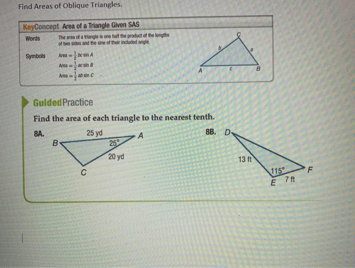 Solved Find Areas of Oblique Triangles. KeyConcept Area of a | Chegg.com