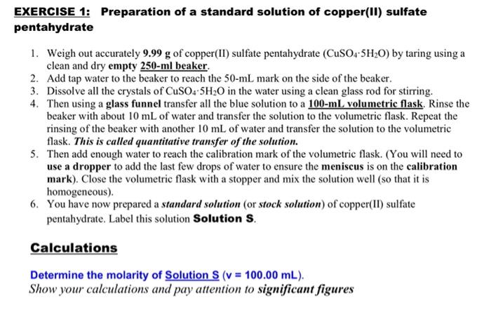 Solved EXERCISE 1: Preparation of a standard solution of | Chegg.com